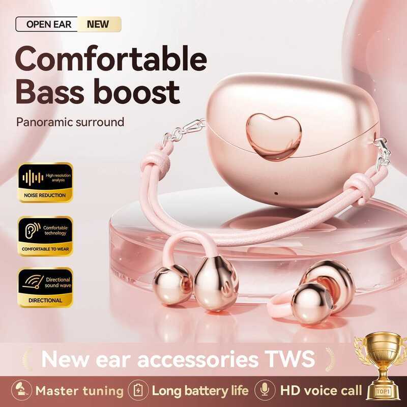 Heart-shaped bag style Clip on Earbuds Open Ear Wireless Bluetooth 5.4 ...