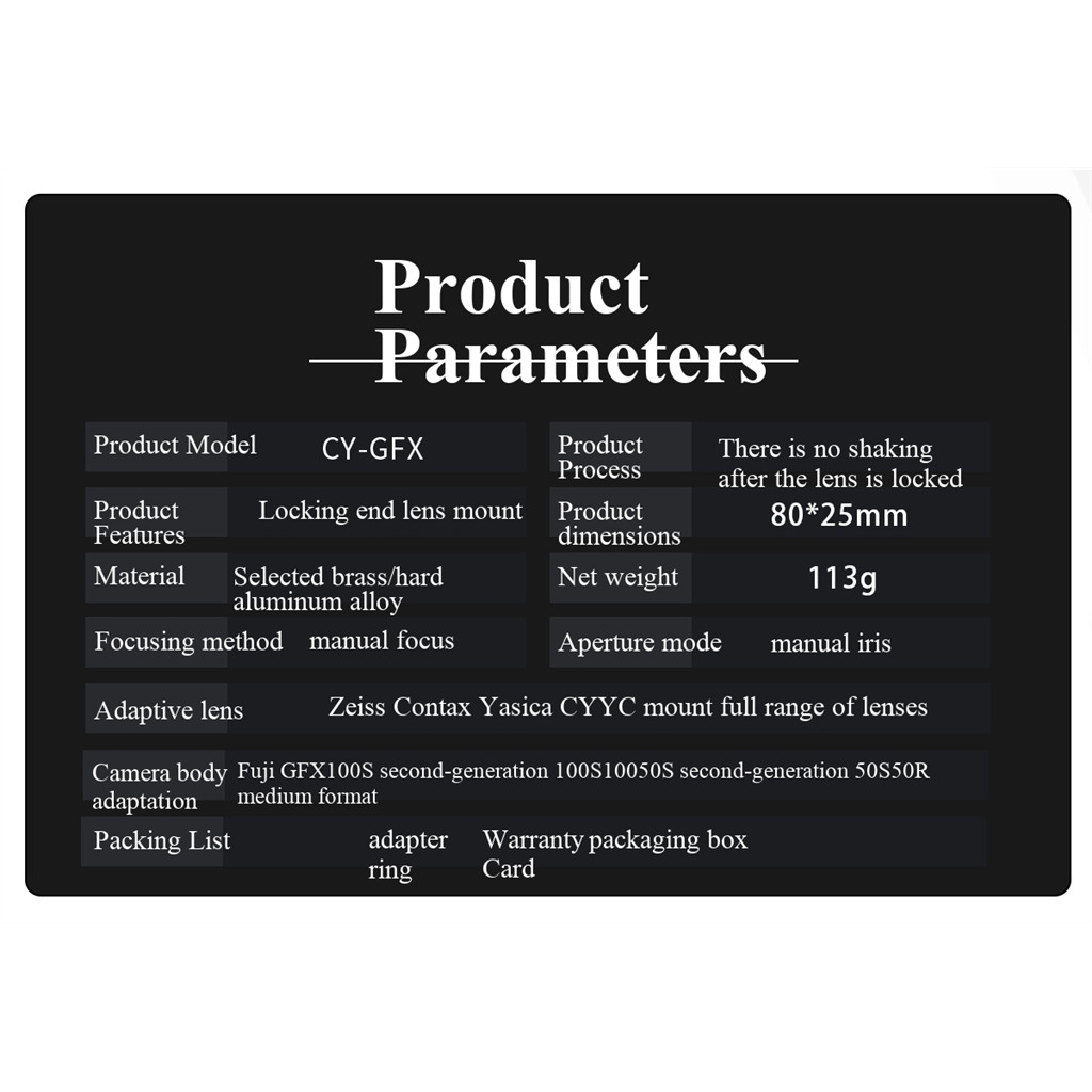 XPimage CY-GFX Locking Adapter Zeiss Contax Yasica YC Lens to Fujifilm GFX Medium Format 100SII ...