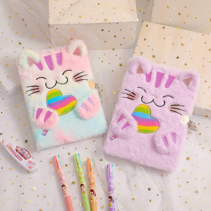 School Season Cartoon Cat Locked Notebook Cute Animal Furry Writing ...