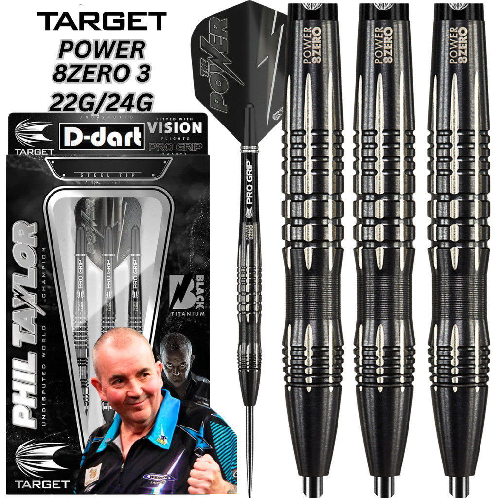 TARGET STEEL TIP DARTS - 22G/24G (PHIL TAYLOR) POWER 8ZERO 3 BLACK ...
