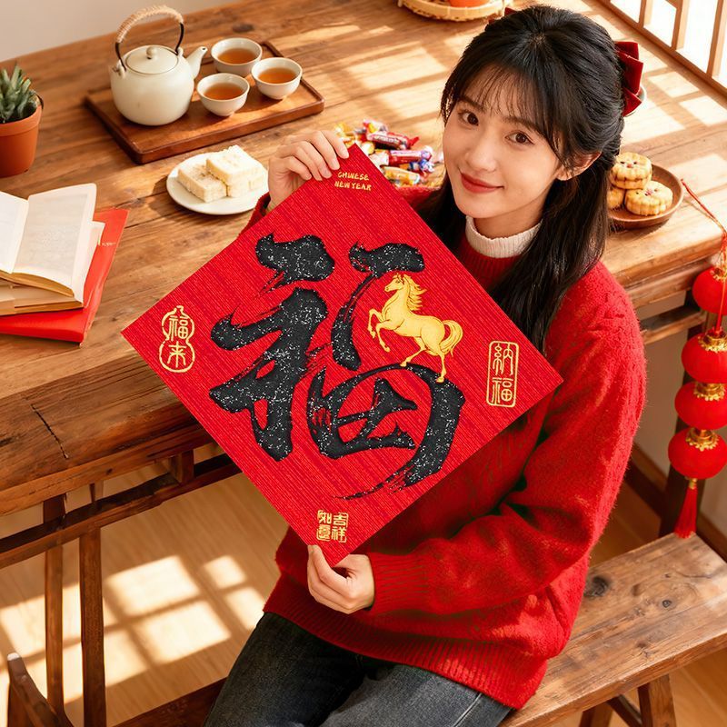 2026 Chinese New Year “Fu” Character Stickers Horse Year Flocked Fabric ...