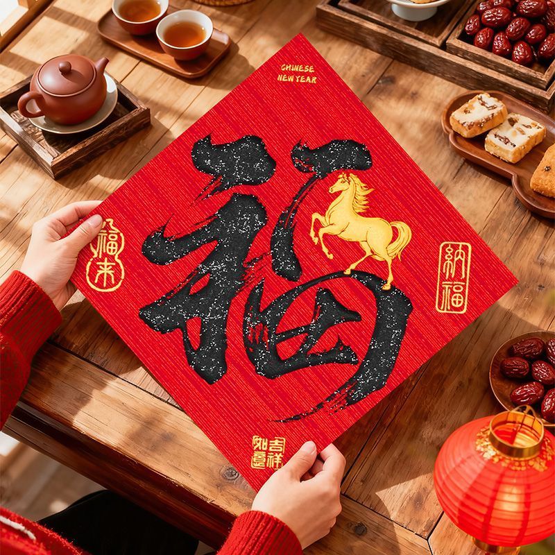 2026 Chinese New Year “Fu” Character Stickers Horse Year Flocked Fabric ...