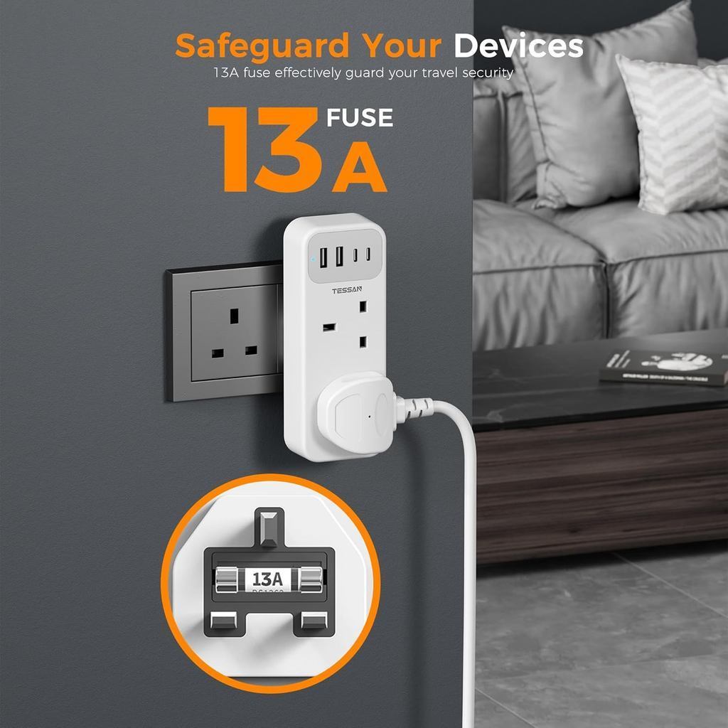 TESSAN Multi Plug Extension with USB C Extension Plug Adapter Power ...