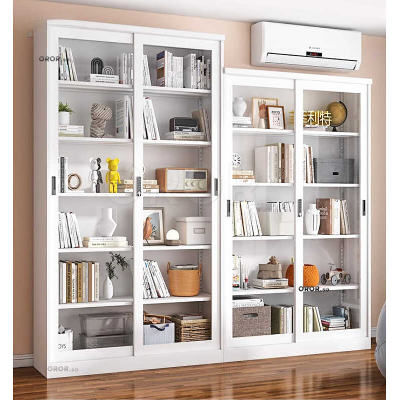 OROR Bookshelf With Lock Study Light Luxury Sliding Door Bookcase ...