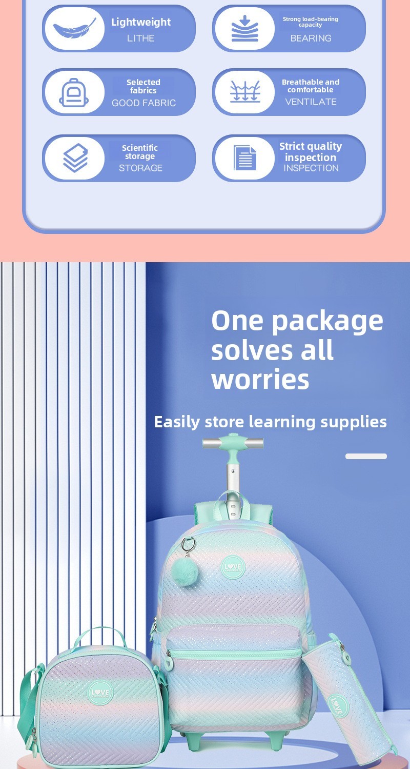 KINGDISEN 3in1 Set Trolley School Bag Furball Pencil Case Lunch Bag ...