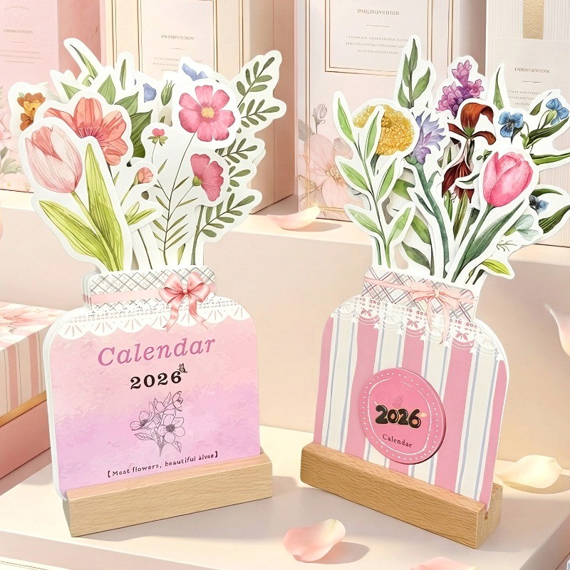 3D Floral Desk Calendar 2026 | Paper Craft Flower Calendar with Wooden ...