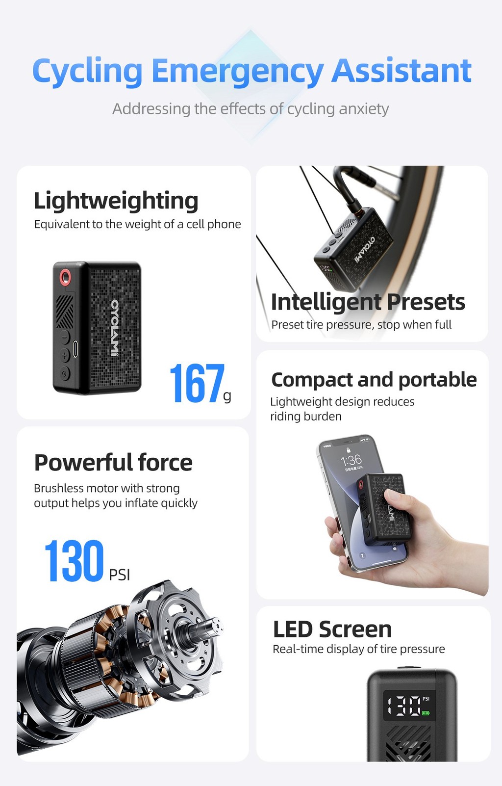 CYCLAMI Mini Air Pump Portable AM6 Road Bike High-Pressure Smart ...