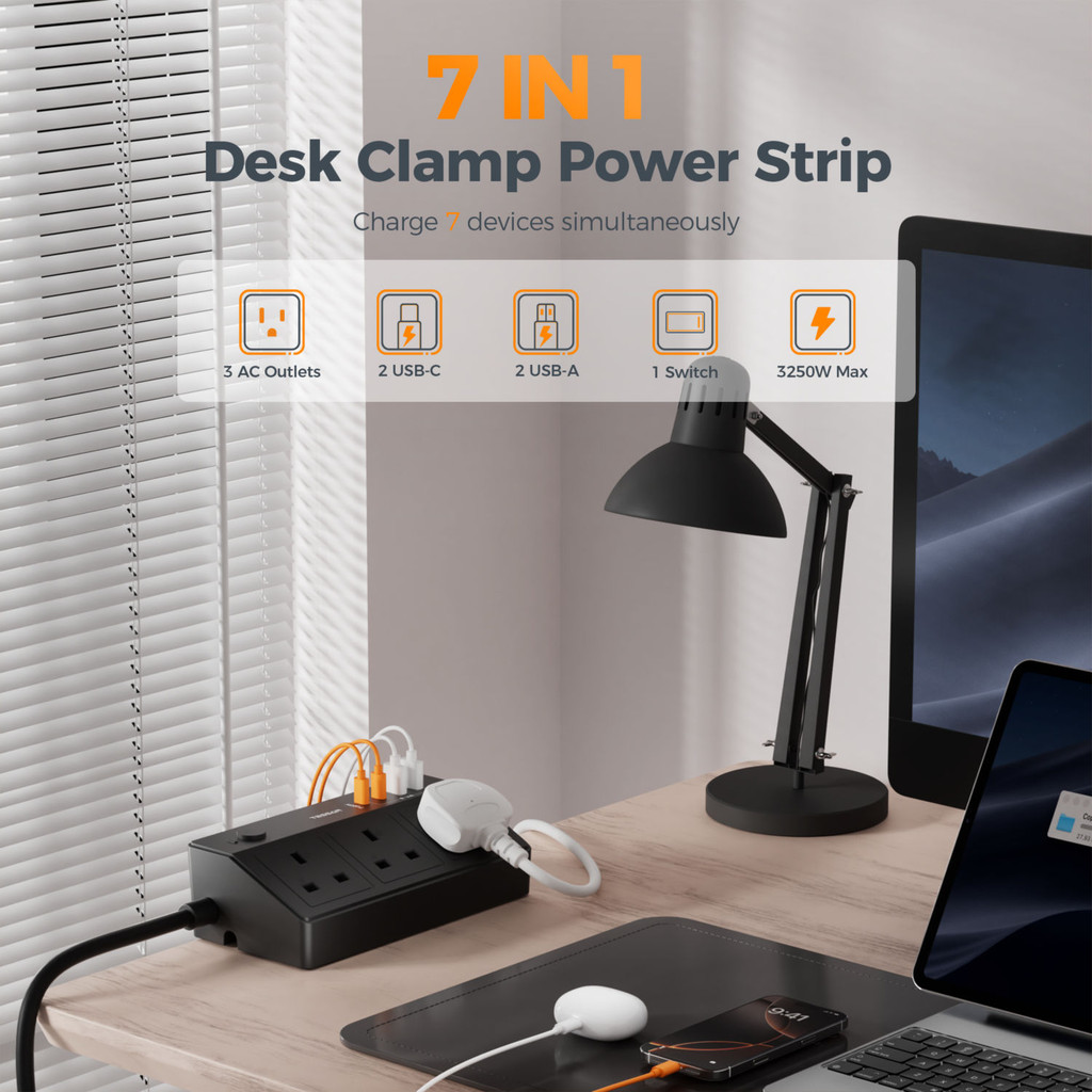 TESSAN Desk Clamp Extension Plug 1.8M Cord Socket Adapter with USB Type ...