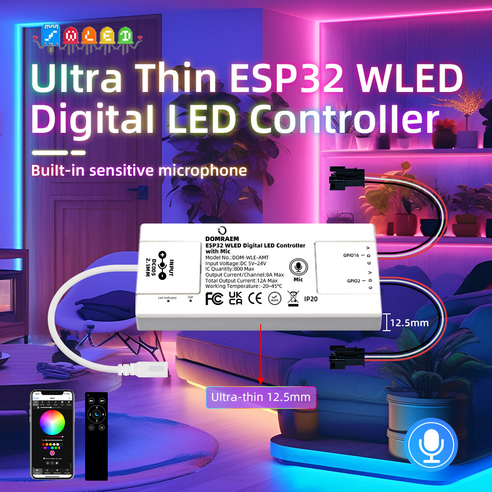 DOMRAEM ESP32 WLED Addressable LED strip Controller Ultra Thin 2CH ...