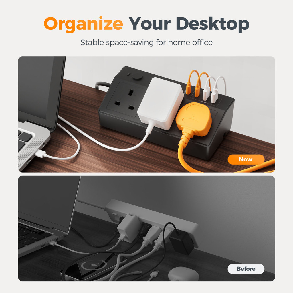 TESSAN Desk Clamp Extension Plug 1.8M Cord Socket Adapter with USB Type ...
