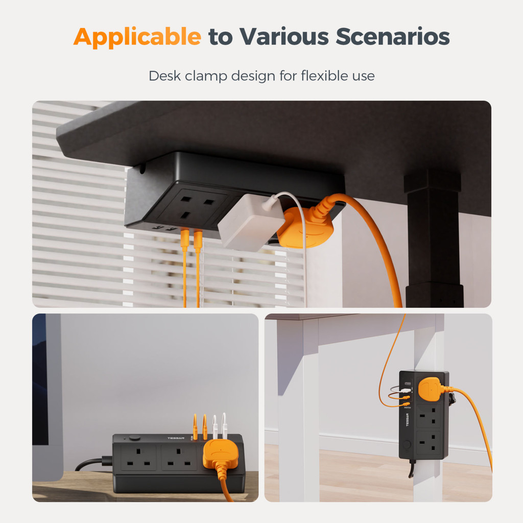 TESSAN Desk Clamp Extension Plug 1.8M Cord Socket Adapter with USB Type ...