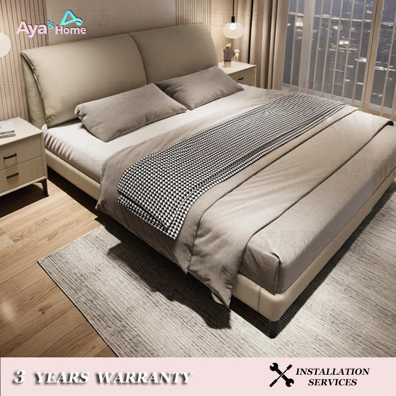 Bed Frame Genuine Leather Bed Wood Bed Frame Floating Bed Single Queen ...