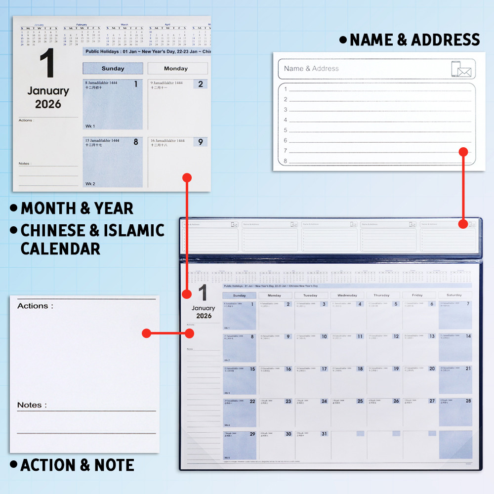 10Q 2026 Table Planner Calendar A2 Size PVC Cover Desktop Planner 12 ...