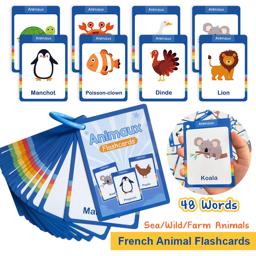 25Pcs French Animals Educational Flash Cards for Kids Preschool ...