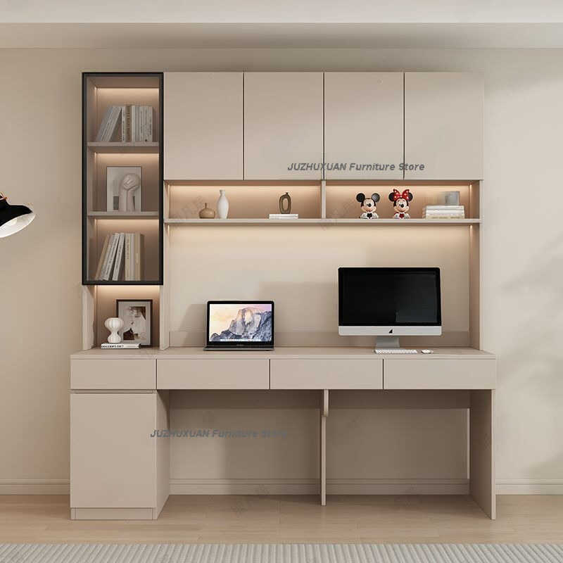 Solid Wood Computer Desk Bookcase Integrated Bookshelf Home Office ...