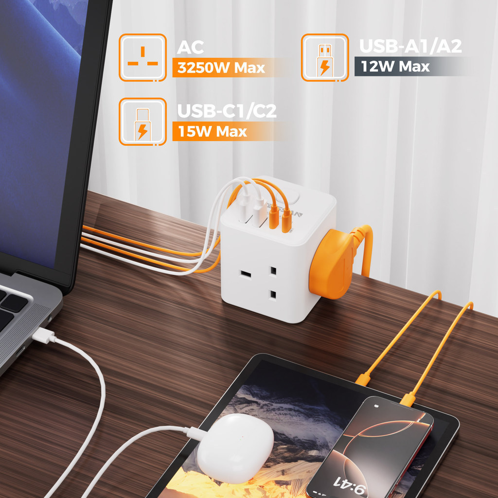 TESSAN Cube Extension Cord Multi Plug Adapter with Swtich USB C Socket ...