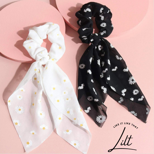 LILT~ Daisy Floral Streamer Hair Scrunchies (Black and white set ...