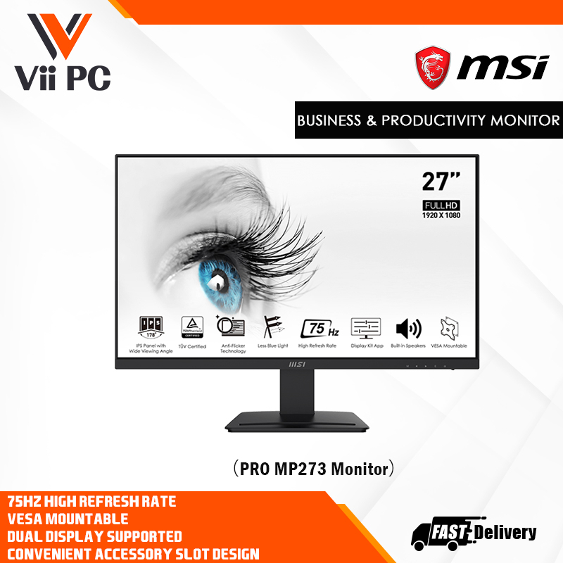 MSI Pro MP273 27Inch 1920 x 1080 (FHD),IPS,75Hz,TUV Certified Eyesight Protection,5ms,HDMI ...