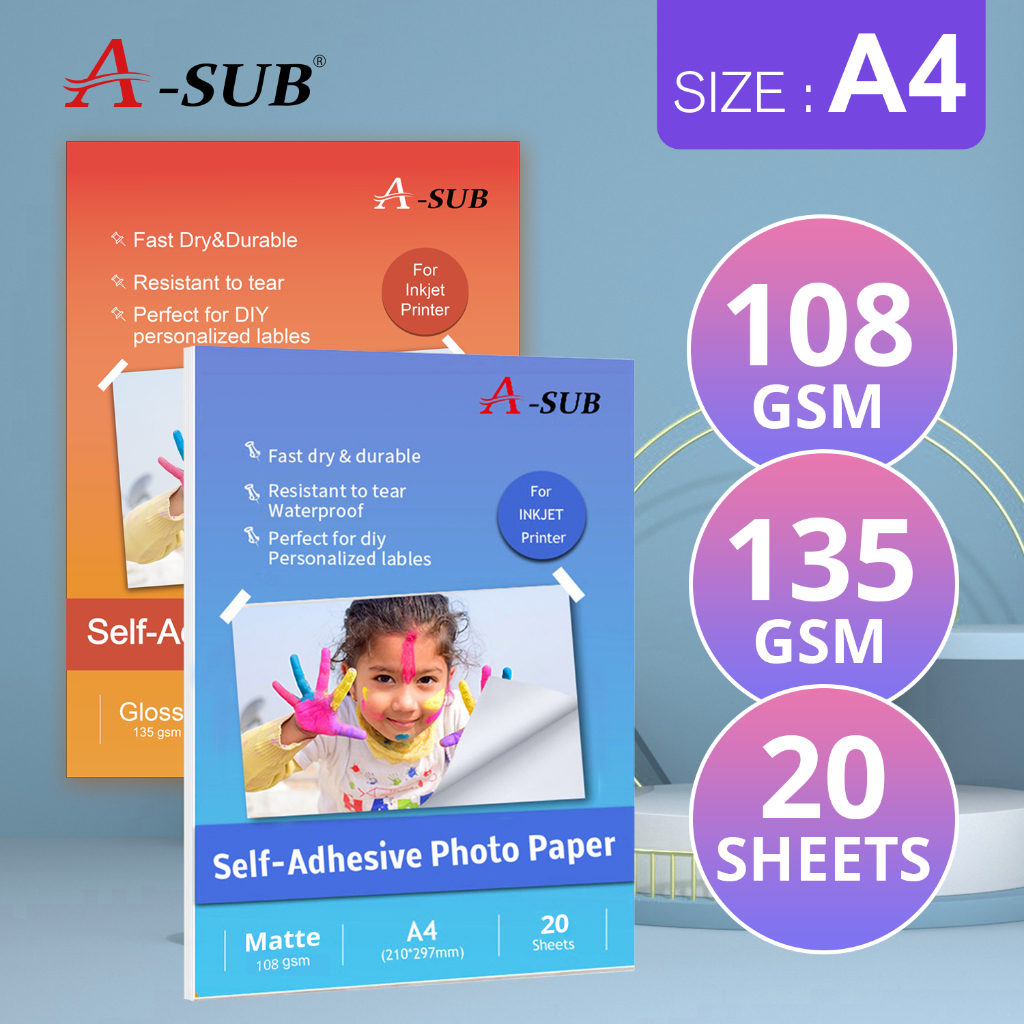 【Photo Sticker】 A-SUB Self-Adhesive Matte/Glossy Photo Paper A4 20pcs ...