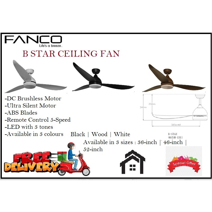 FANCO B-STAR DC Motor Ceiling Fan with 3 Tone LED Light Kit and Remote ...