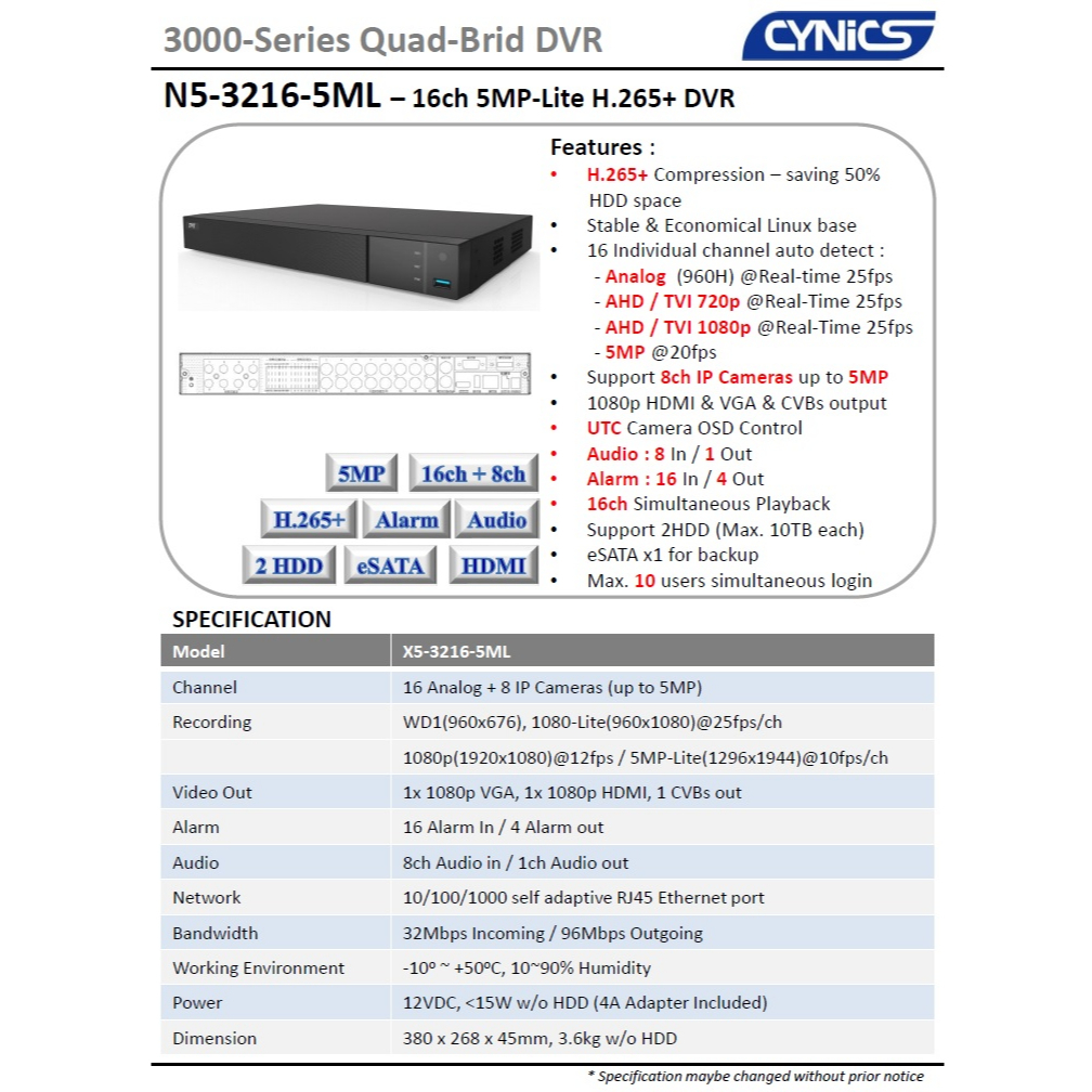 Cynics N5-3216-5ML 16ch Multi-format CCTV DVR | Shopee Singapore