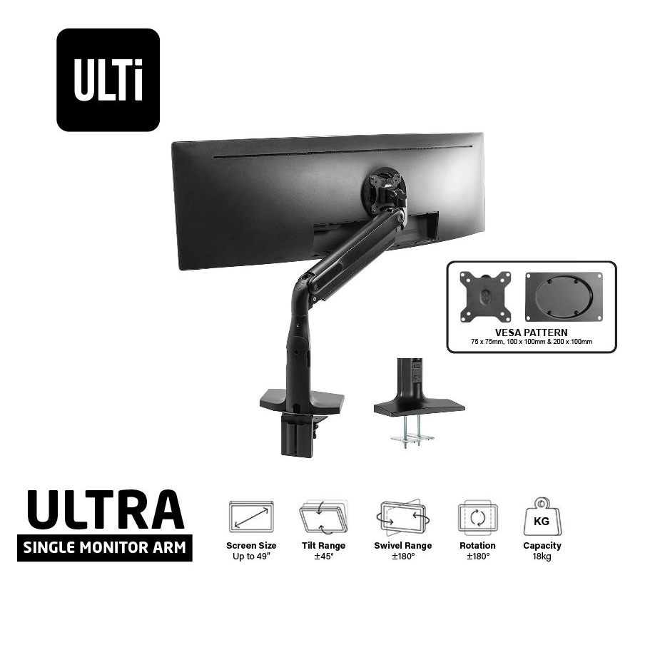 ULTi Ultra Monitor Arm - Fits up to 18kg & 49 inch Ultrawide Monitor ...