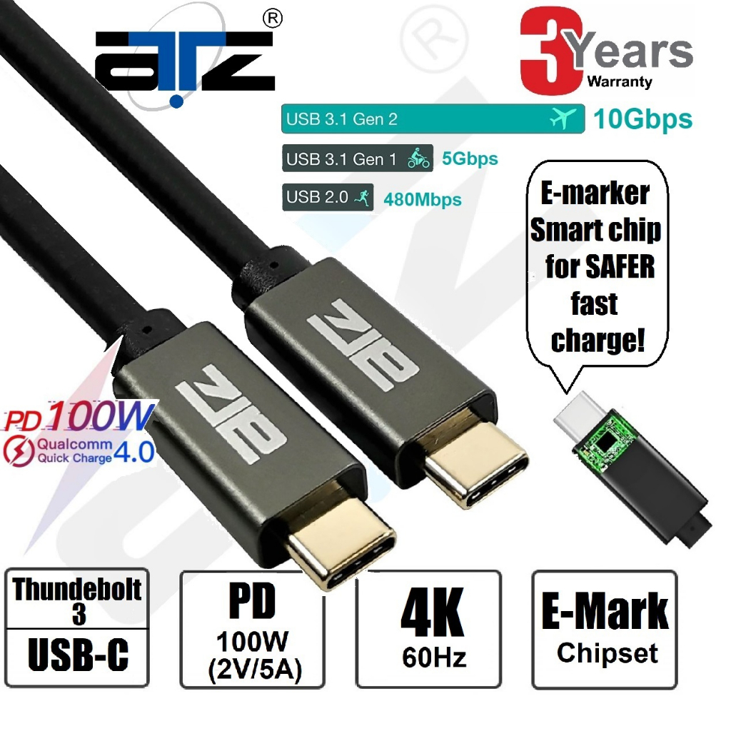 ATZ USB 3.2 Gen 2 Type-C Male/Male Cable w/EMARK, (1m / 1.5m / 2m / 3m ...