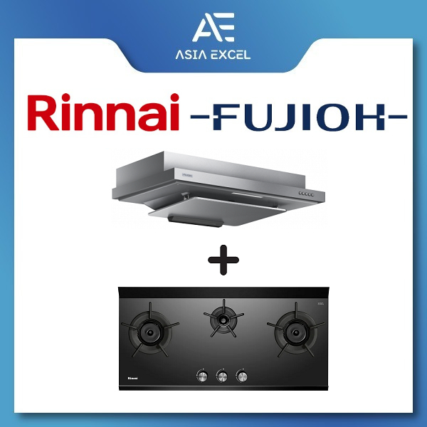 FUJIOH FR-FS2290R 89CM SLIMLINE HOOD + RINNAI RB-3CGN 3 BURNER INNER FLAME GLASS GAS HOB ...