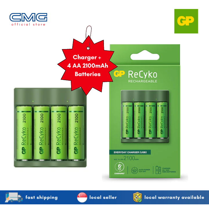 GP Recyko 4 slot USB Charger B421 with 4x AA 2100mAh NiMH Batteries | Shopee Singapore