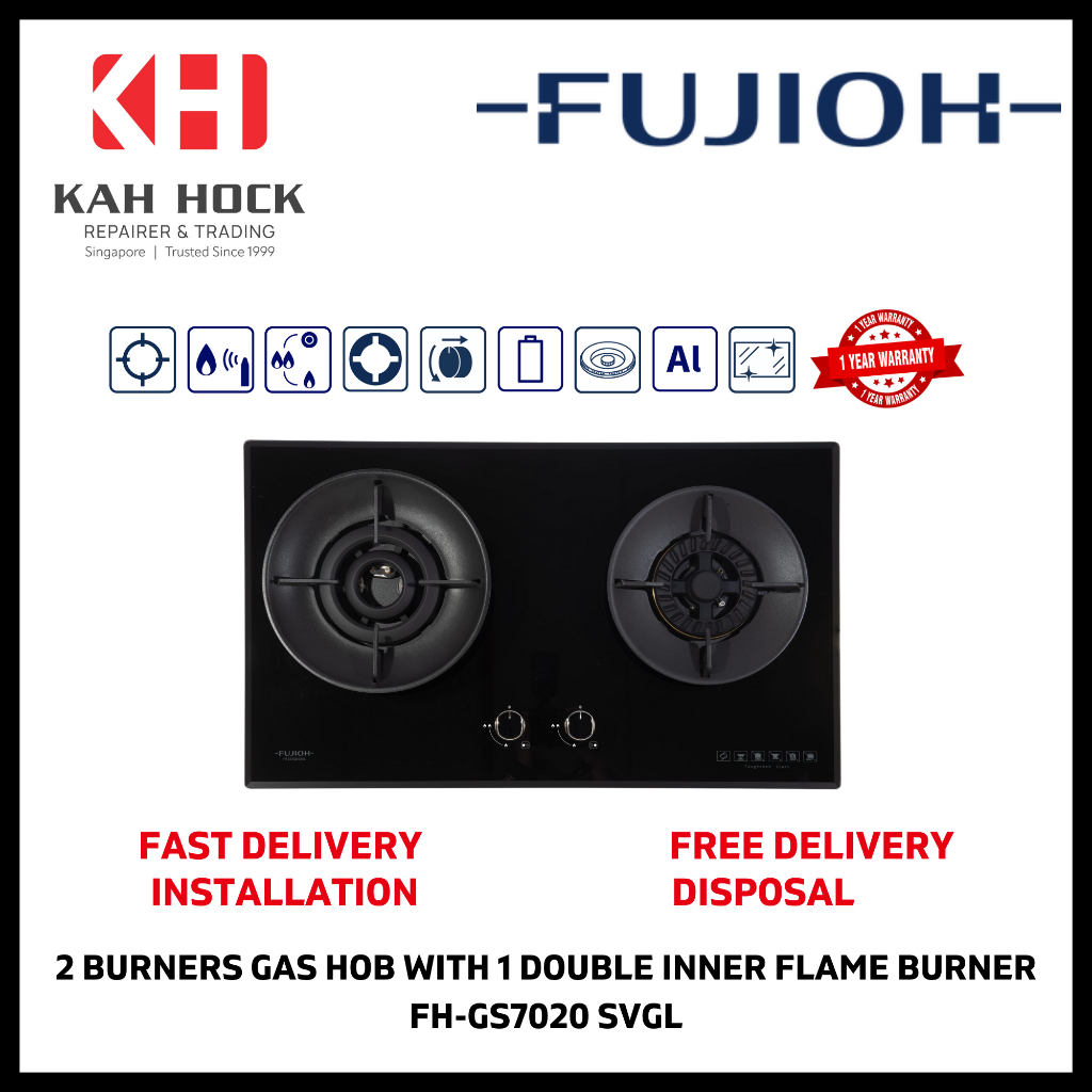 FUJIOH FH-GS7020 SVGL 2 BURNERS GAS HOB WITH 1 DOUBLE INNER FLAME ...