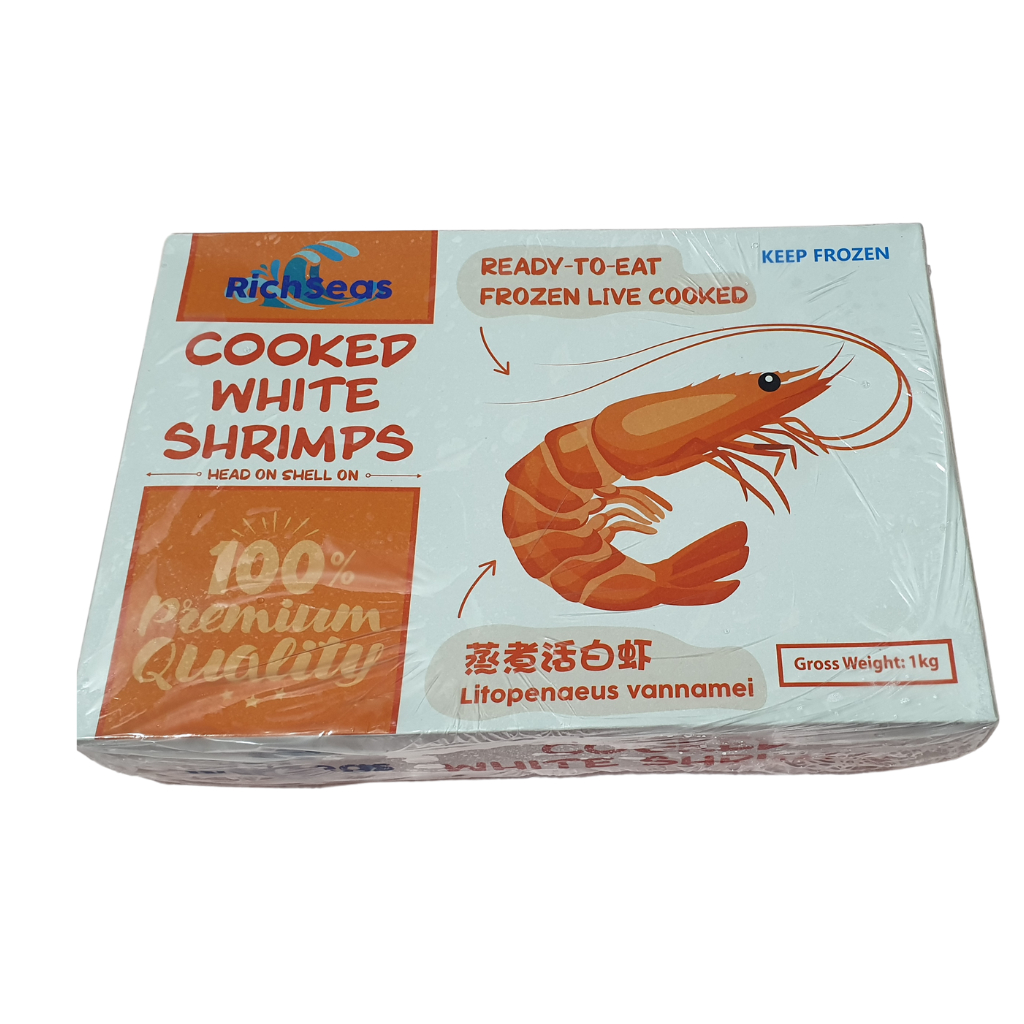Frozen Cooked Prawns Vannamei White Shrimps HOSO Protein 1KG | Shopee ...