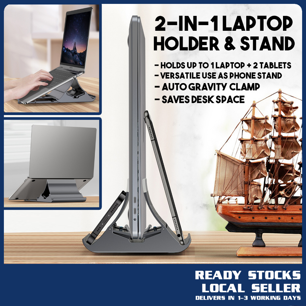 [SG] 2-in-1 Laptop Vertical Holder and Stand Auto Gravity Clamp Space ...