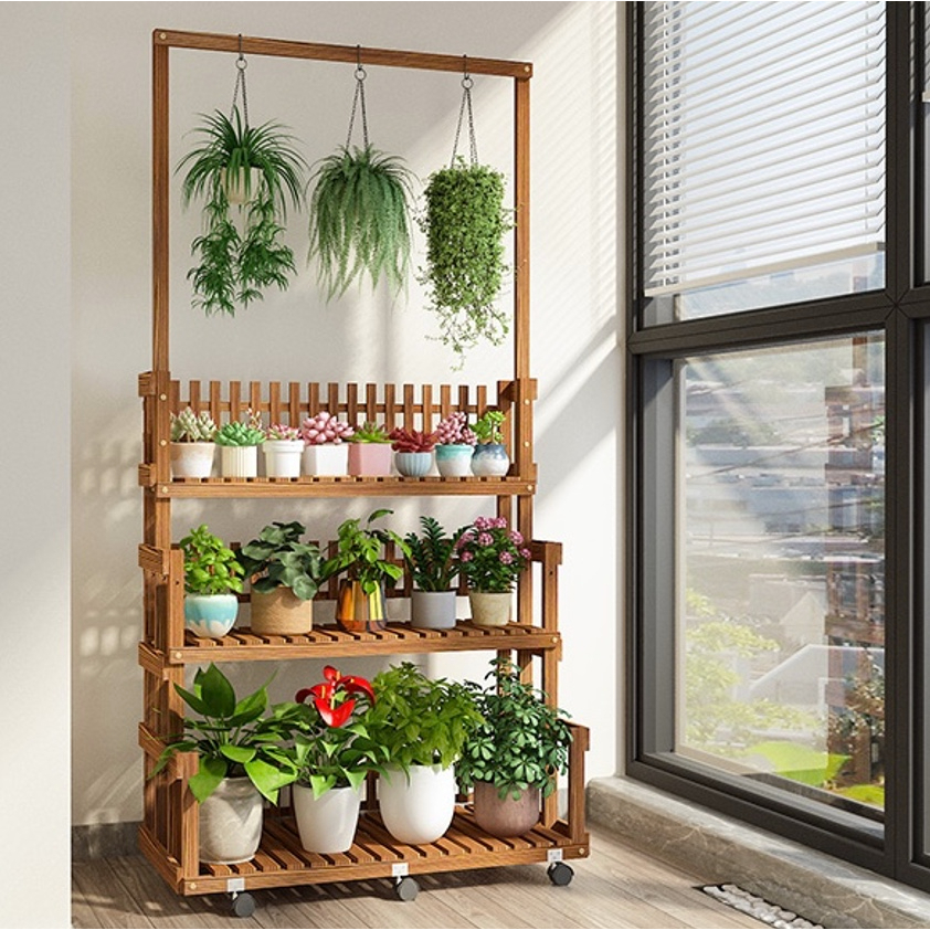 Wooden Hanging Plant Rack Planter Rack with Wheel 3 Tier/4 Tier ...