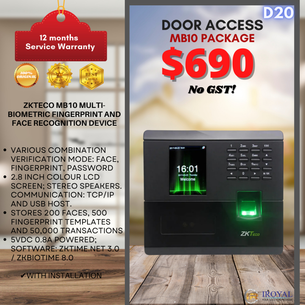 ZKTeco Biometric Fingerprint & Face Recognition Door Access System MB10 ...