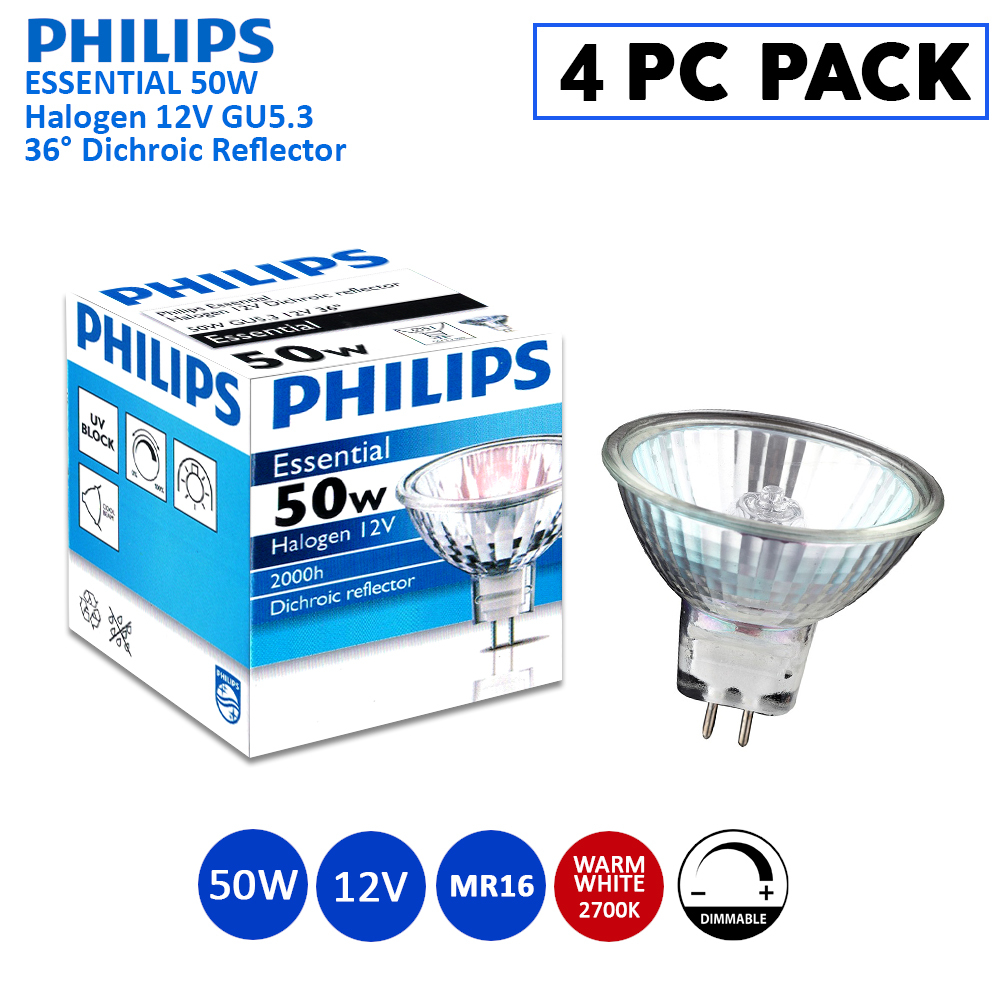 4 PC PACK | PHILIPS ESSENTIAL 50W HALOGEN 12V DICHROIC REFLECTOR | GU5 ...
