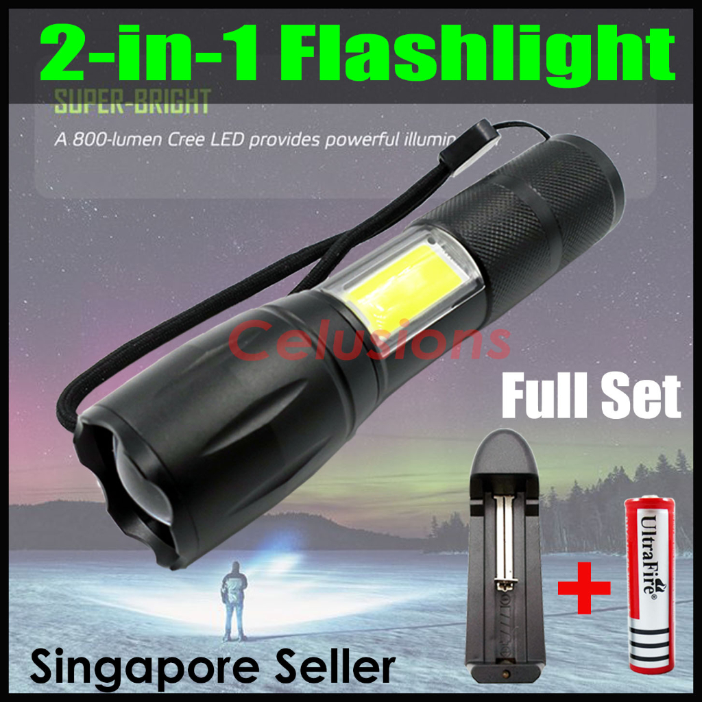 🔦2-in-1 LED COB Flashlight🔦Charger 18650 Battery Powerful Bright Torch ...