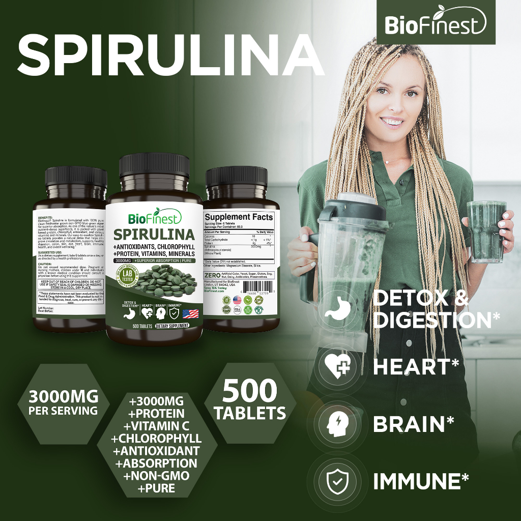 Biofinest Spirulina 3000mg Supplement - Alkaline Superfood Vitamin ...