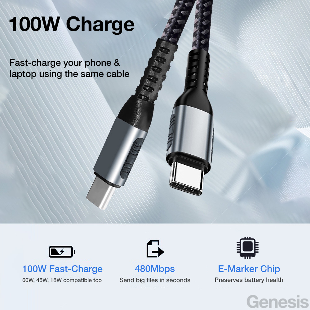 Genesis Type C Fast Charging Cable USB 100W Charge 5A/ 3A iP PD Micro 3 ...