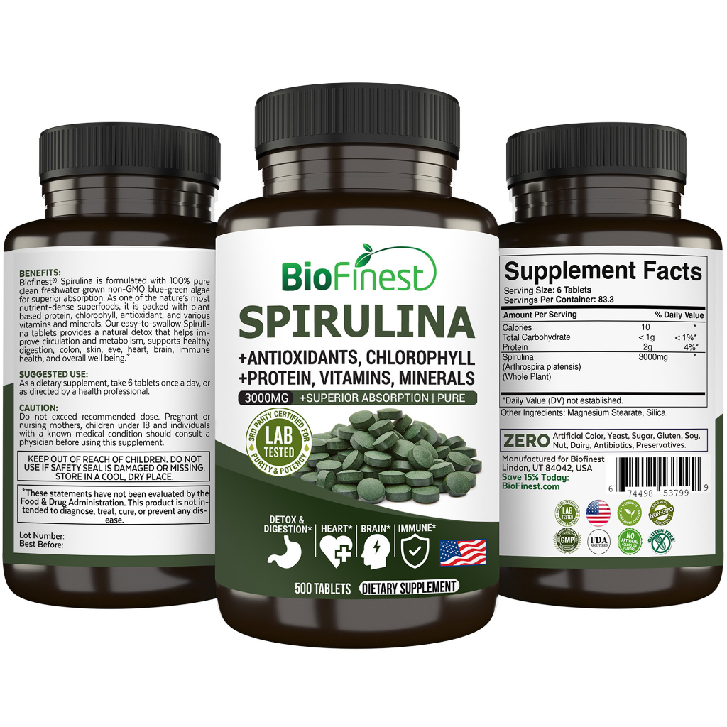 Biofinest Spirulina 3000mg Supplement - Alkaline Superfood Vitamin ...