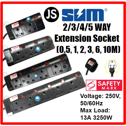 SUM 2/3/4/5 WAY Black Safety Extension Socket (0.5, 1, 2, 3, 6, 10 ...
