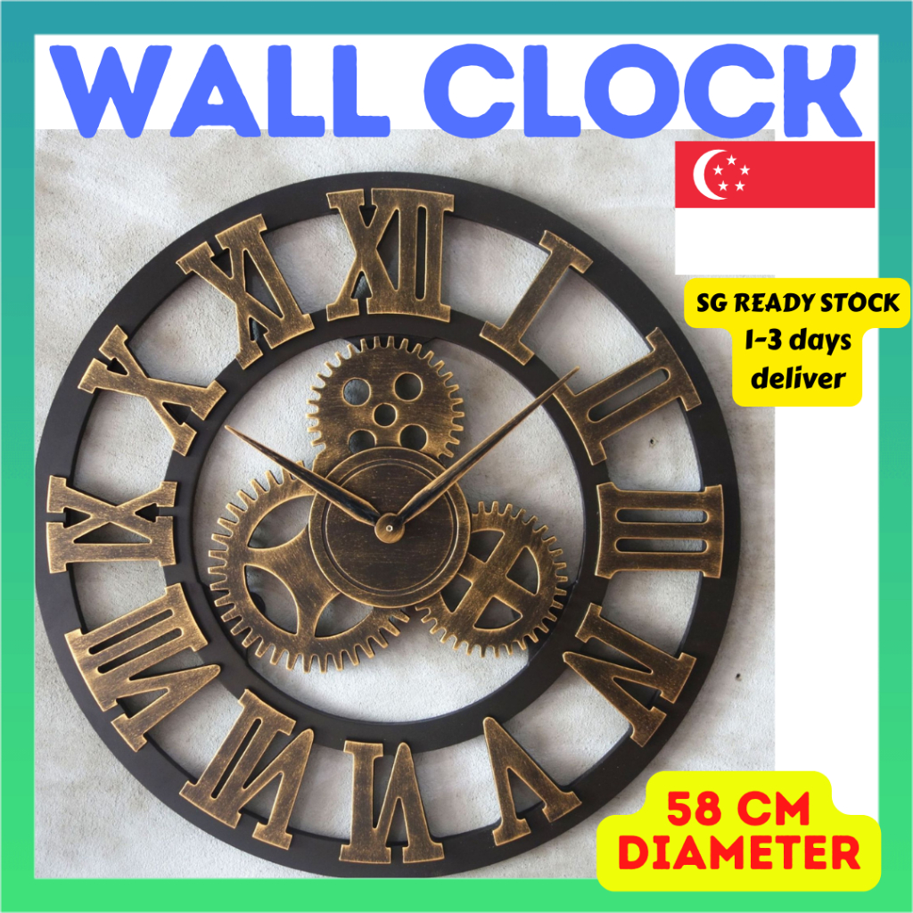 [SG SELLER] BIG 58 CM CLOCK RETRO INDUSTRIAL GEAR WALL CLOCKS METAL ...