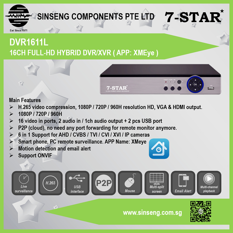 7-STAR* 16CH FULL-HD HYBRID DVR/XVR/NVR (PC-MOBILE APP:XMEye) Support ...