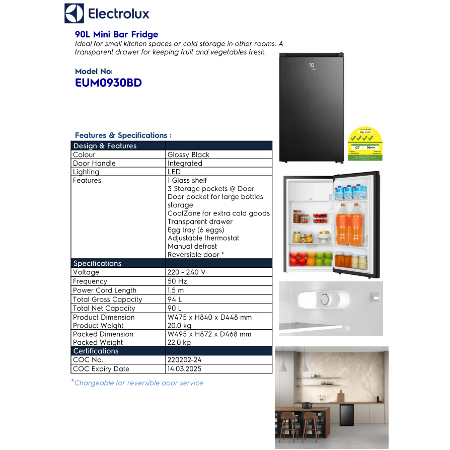 ELECTROLUX EUM0930BD 90L GLOSSY BLACK BAR FRIDGE | Shopee Singapore