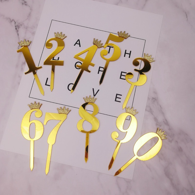 Number Cake Topper Gold Silver Crown Acrylic 0-9 Digital Birthday Party ...