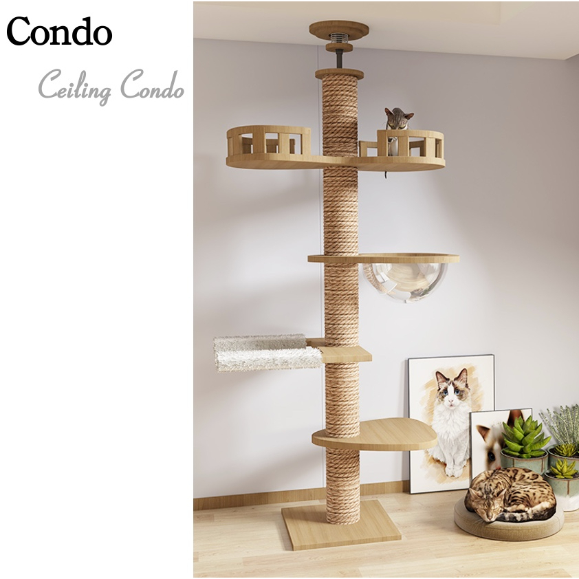 Ceiling Wooden Cat Condo House Scratching Sisal Pole Cat Rest Place ...