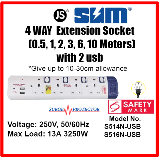 4 & 6 Way Extension Socket with 2 USB, Surge Protector with Safety Mark ...