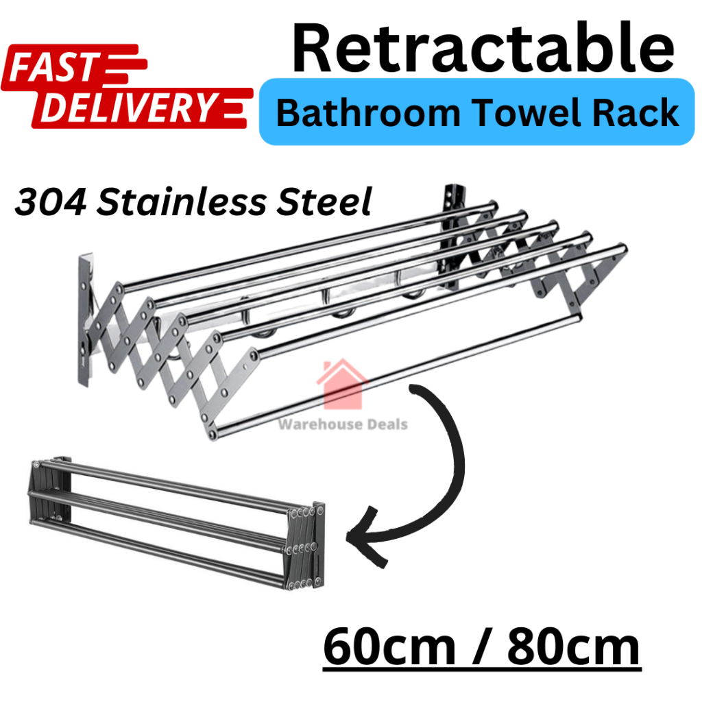Stainless Steel Bathroom Retractable Towel Rack Hanger (60cm/80cm ...