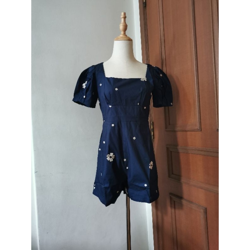 [SG local seller] Navy blue embroidered romper | Shopee Singapore