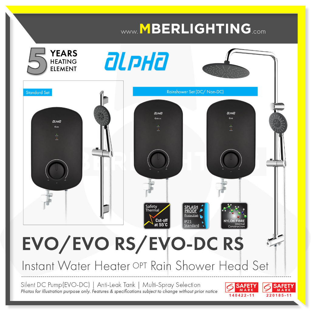 ALPHA Evo / Evo RS / Evo-DC RS Instant Water Heater with Optional Rain Shower Set & DC Pump ...
