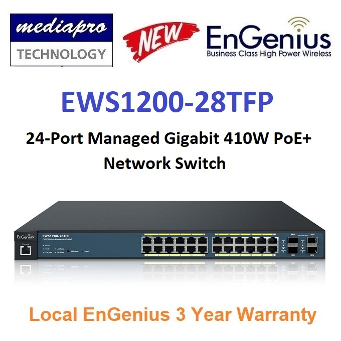 EnGenius EWS1200-28TFP 24-Port Managed Gigabit 410W PoE+ Switch with 4 ...